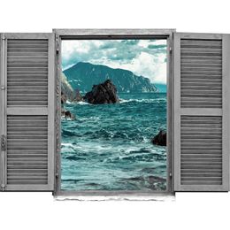 queence Wandtattoo &raquo;Klippen im Meer&laquo; Wandsticker, Wandbild, selbstklebend, 3D, Fenster blau