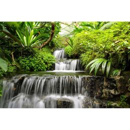 papermoon Fototapete &raquo;WASSERFALL-B&Auml;UME FLUSS SEE STEINE BLUMEN BERGE SONNE&laquo; bunt Vlies