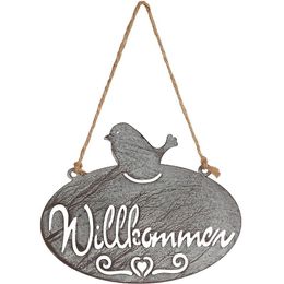 AMBIENTE HAUS Gartenstecker &raquo;Willkommen Schild mit Vogel (B) 20cm&laquo; grau Metall