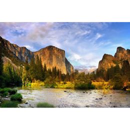papermoon Fototapete &raquo;YOSEMITE TAL-GEBIRGE BLUME BERGE SONNE WALD FLUSS FELSE&laquo; bunt Vlies
