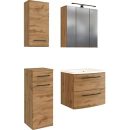 Welltime Badm&ouml;bel-Set &raquo;Chicago&laquo; Spiegelschrank, Waschtisch, H&auml;ngeschrank, Unterschrank, 4 Stk. tlg. braun MDF