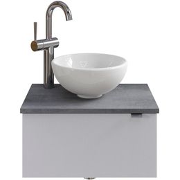 Waschtisch &raquo;Serie 6915 Waschschale mit Unterschrank f&uuml;r G&auml;stebad, G&auml;ste WC&laquo; Keramik-Aufsatzbecken, Waschtischplatte, Waschtischunterschrank, 3 Stk. 