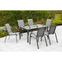 Merxx Garten-Essgruppe &raquo;Amalfi&laquo; Set, 7 Stk. tlg. 6 Sessel, stapelbar, Tisch 90x150 cm grau Aluminium, Polyester, Sicherheitsglas