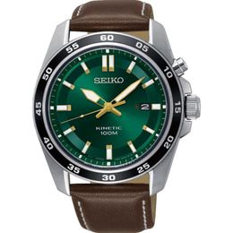 Seiko Herren Kineticuhr Armbanduhr, Herrenuhr, Datum, Lederarmband braun