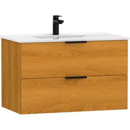Welltime Waschtisch &raquo;Athen Badschrank Badezimmer WC Unterschrank mit Becken&laquo; Set, Waschplatz mit 2 Schubladen, Breite 80cm Softclose Bad braun