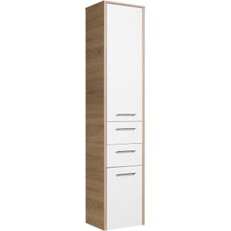 Hochschrank &raquo;Quickset 382 Badschrank 40 cm breit, 2 T&uuml;ren, 2 Schubladen&laquo; Badezimmer-Hochschrank, Wei&szlig; Hochglanz, Griffe in Chrom gl&auml;nzend braun 