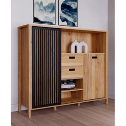 FORTE Highboard &raquo;Jytana&laquo; Breite 149,9 cm, Schiebet&uuml;re mit Lamellenoptik, Mauvella Eiche/Schwarz schwarz Holzwerkstoff
