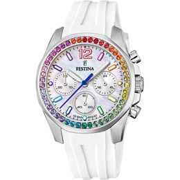Festina Damen Chronograph &raquo;Boyfriend Collection&laquo; Armbanduhr, Quarzuhr, Damen, Stoppfunktion, Zirkonia Regenbogenfarben wei&szlig;