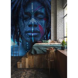 Livingwalls living walls Vliestapete &raquo;Tribal-Portrait-Tapete Blau Rot Ethno&laquo; matt glatt Vlies
