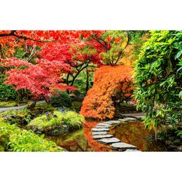 papermoon Fototapete &raquo;JAPANISCHER GARTEN-BLUMEN B&Auml;UME SEE NATUR HERBST WALD&laquo; bunt Vlies