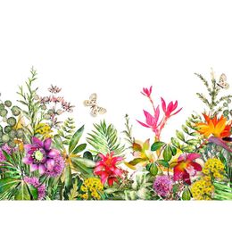 Livingwalls living walls Fototapete &raquo;Flower Power Vlies&laquo; glatt Fototapete Blumen Tapete Floral Wei&szlig; Bunt 3,50 m x 2,55 m Tapete bunt Vlies