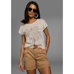 Laura Scott Damen T-Shirt mit Glitzerdurck und Leinen-Optik beige 32/34