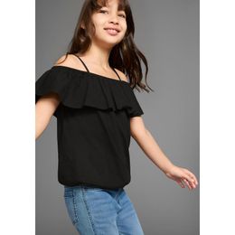 Kidsworld M&auml;dchen Kidsworld T-Shirt &raquo;Volant-Shirt&laquo; Kurzarm, weite Passform, Carmenausschnitt, aus Jerseystoff schwarz 128/134