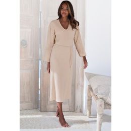 Lascana Damen Lascana Strickkleid Lounge-/ Rippkleid mit weiten &Auml;rmeln und Taillenband, Loungewear beige 40/42, N-Gr