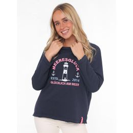 Zwillingsherz Damen Sweatshirt &raquo;"Gl&uuml;cklich am Meer"&laquo;, mit Used-Look Kanten, Leuchtturm gestickt blau SM (S/M)