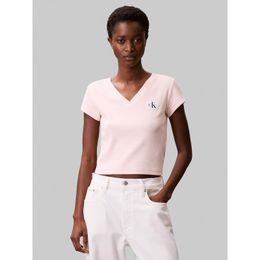 Calvin Klein Jeans Damen T-Shirt &raquo;A- SS WOVEN LABEL RIB VNECK TEE&laquo; mit gewebtem Label rosa L (42)