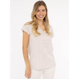 Zwillingsherz Damen Kurzarmshirt &raquo;"Positive Mind"&laquo; V-Ausschnitt, Kurzarm, hinten etwas l&auml;nger, Baumwollmischung beige S/M