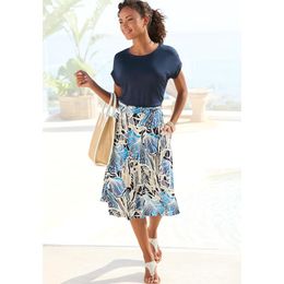 Lascana Damen Lascana Jerseykleid mit Paperbag-Bund und bedrucktem Rock, kurz&auml;rmliges Sommerkleid blau 38, N-Gr