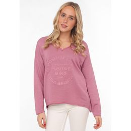 Zwillingsherz Damen Sweatshirt &raquo;"Positive Mind"&laquo;, ausgefranster V-Ausschnitt, Used Look, Langarm, Schriftzug rosa SM (S/M)