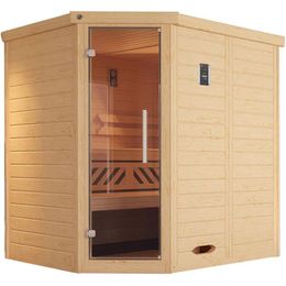 Weka Premium Massivholz Elementsauna KEMI Eck Sparset, mit 7,5 kW BioS Ofen, 245x195 cm,Glast&uuml;r