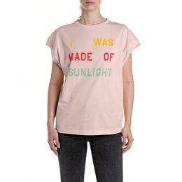 Replay Damen T-Shirt mit &uuml;berschnittenen &Auml;rmeln rosa L