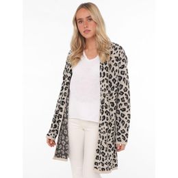 Zwillingsherz Damen Cardigan &raquo;"Classic Leo Uni"&laquo; Animal-Muster, Langarm, ohne Verschluss, Midi-L&auml;nge beige L/XL