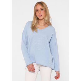 Zwillingsherz Damen Sweatshirt &raquo;"Positive Mind"&laquo;, ausgefranster V-Ausschnitt, Used Look, Langarm, Schriftzug blau L/XL (L/XL)