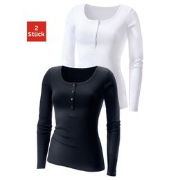 H.I.S. H.I.S Damen Langarmshirt &raquo;mit kurzer Knopfleiste&laquo; 2er-Pack, aus modischer Rippqualit&auml;t schwarz-wei&szlig; 32/34