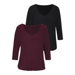 Lascana Damen Lascana 3/4-Arm-Shirt &raquo;mit zarter Raffung am Ausschnitt&laquo; 2er-Pack, aus weichem Viskose-Stretch lila 32/34