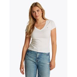 Tommy Jeans Damen Kurzarmshirt &raquo;TJW SLIM V-NECK TEE&laquo; mit Logo-Stickerei beige L (40)