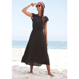 Beach Time Beachtime Damen Midikleid aus Viskosejersey, kurz&auml;rmliges Sommerkleid, Strandkleid, Basic schwarz 34, N-Gr