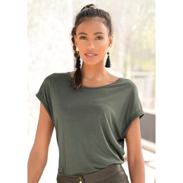 Lascana Damen Lascana Kurzarmshirt mit Rundhalsausschnitt, Jerseyware, &Auml;rmelaufschlag, Basic gr&uuml;n 36/38