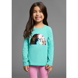 Kidsworld M&auml;dchen Kidsworld Langarmshirt &raquo;Regenbogen Pailletten-Applikation&laquo; Langarm, Basic-Passform, mit schimmernden Pailletten-Applikationen blau 