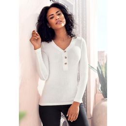 Lascana Damen Lascana Langarmshirt &raquo;mit kurzer Knopfleiste&laquo; aus weicher Viskose-Ripp-Qualit&auml;t beige 36/38