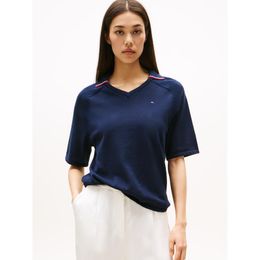Tommy Hilfiger Damen Strickpullover &raquo;CO JERSEY STCH POLO V-NK S/S SWT&laquo; blau S (36)