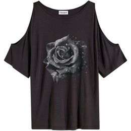 bonprix Damen bonprix T-Shirt &raquo;Cold-Shoulder-Shirt aus Viskose&laquo; Cold-Shoulder-Design, Halbarm, l&auml;ssige Passform, mit Blumen-Print schwarz 56/58 (XXXL)