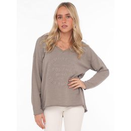 Zwillingsherz Damen Sweatshirt &raquo;"Positive Mind"&laquo;, ausgefranster V-Ausschnitt, Used Look, Langarm, Schriftzug grau L/XL (L/XL)