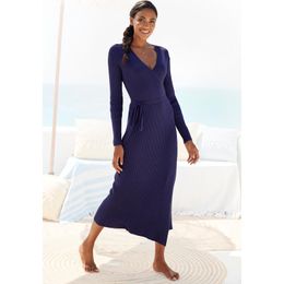 Lascana Damen Lascana Strickkleid Loungekleid zum wickeln mit Tailleng&uuml;rtel, Loungewear blau 36/38, N-Gr