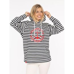 Zwillingsherz Damen Kapuzensweatshirt &raquo;"Streifen Strandgl&uuml;ck"&laquo;, gestreift, Stickererei vorne, Kordelzug; Tasche blau S/M
