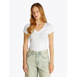 Tommy Jeans Damen Kurzarmshirt &raquo;TJW SLIM V-NECK TEE&laquo; mit Logo-Stickerei wei&szlig; M (38)