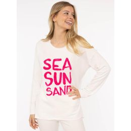 Zwillingsherz Damen Sweater &raquo;"Sea Sand Sun"&laquo;, Flock-Print, ausgefranster Rundhalsausschnitt, Langarm wei&szlig; L/XL