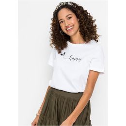 bonprix Damen bonprix T-Shirt &raquo;T-Shirt aus reiner Baumwolle&laquo; bequeme Passform, Kurzarm, mit Rundhalsausschnitt wei&szlig; 44/46 (L)