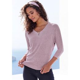 Lascana Damen Lascana 3/4-Arm-Shirt &raquo;mit Strassknopf in Bl&uuml;tenform&laquo; aus leichtem Feinstrick in Melange Optik lila 32/34