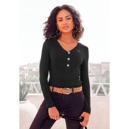 Lascana Damen Lascana Langarmshirt &raquo;mit kurzer Knopfleiste&laquo; aus weicher Viskose-Ripp-Qualit&auml;t schwarz 32/34