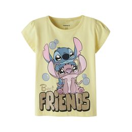 Kurzarmshirt name it "NMFFUBA STITCH SS TOP BOX NOOS WDI", M&auml;dchen, Gr. 122/128, lemonade, Jersey, Obermaterial: 95% Baumwolle, 5% Elasthan, bedruckt, normal, Rundhals, Shirts, Baumwollmischung, mit Stitch Druck