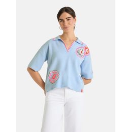 LIEBLINGSST&Uuml;CK Polokragenpullover LIEBLINGSST&Uuml;CK "TainaL", Damen, Gr. 38, skyblau, Strick, Obermaterial: 50% Viskose, 28% Polyester, 22% Nylon, bestickt, normal, B&uuml;ndchen, Pullover, mit floraler Pailletten-Applikation, in Halbarm-L&auml;nge