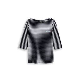 T-Shirt Tom Tailor PLUS, Damen, Gr. 44, navy blau sanftes wei&szlig; stripe, Single Jersey, Obermaterial: 97% Baumwolle, 3% Elasthan, bedruckt, gestreift, regular fit normal, U-Boot-Ausschnitt, gerader Abschluss, Shirts T-Shirt, mit Schriftzug