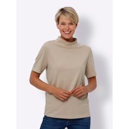 Stehkragenshirt Classic Basics "Kurzarm-Shirt", Damen, Gr. 44, beige (sesam), 100% Baumwolle, unifarben, Shirts Stehkragenshirt