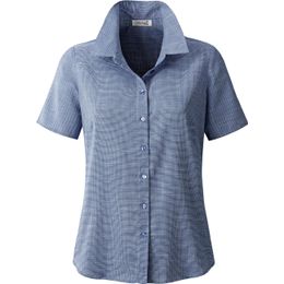Damen Kurzarm-Bluse mit abgerundetem Saum jeansblau-wei&szlig;-gemustert, Gr&ouml;&szlig;e 46