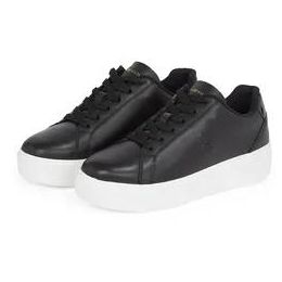 Plateausneaker Tommy Hilfiger "TH PLATFORM COURT SNEAKER", Damen, Gr. 40, schwarz, Leder, Schuhe Plateausneaker, Freizeitschuh, Halbschuh, Schn&uuml;rschuh, Kontrastbesatz an der Ferse